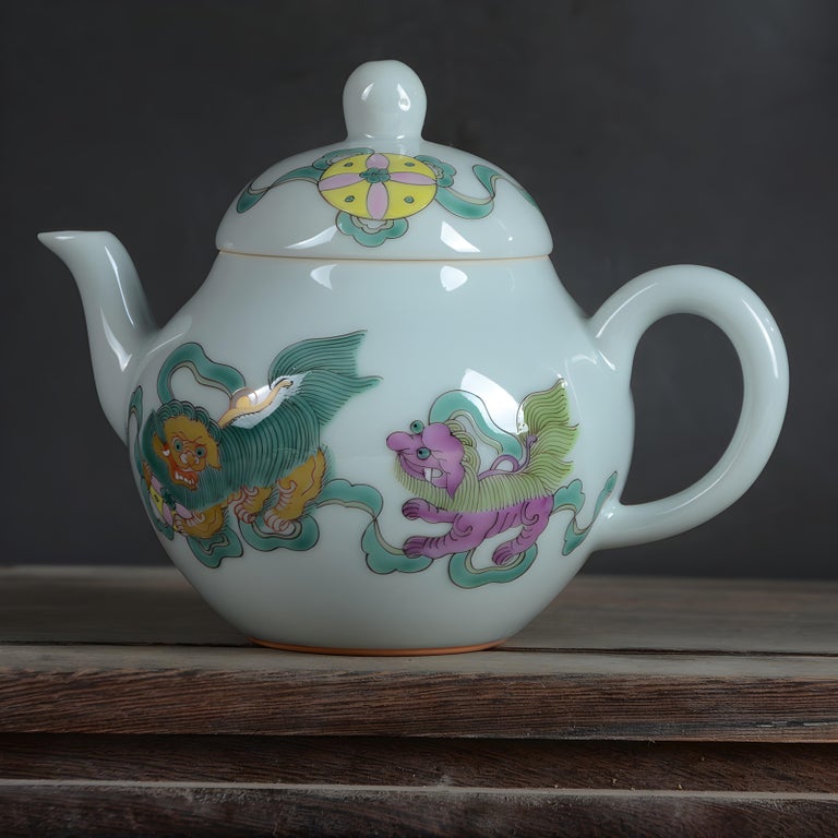 20th Century Chinese Handmade Porcelain Teapot Featuring Lions Playing ...