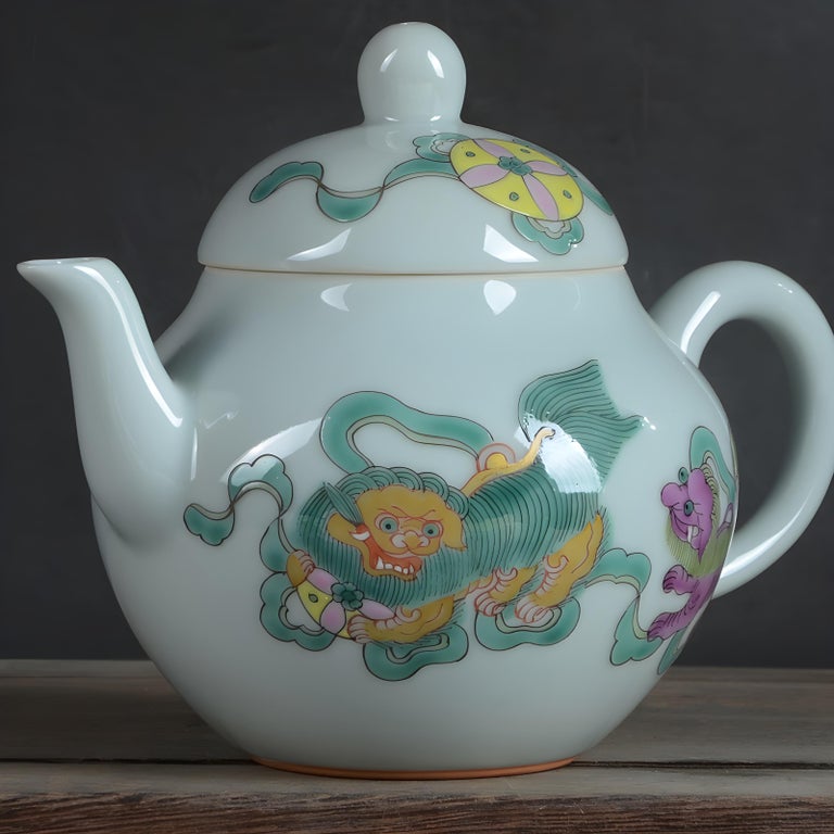 20th Century Chinese Handmade Porcelain Teapot Featuring Lions Playing ...