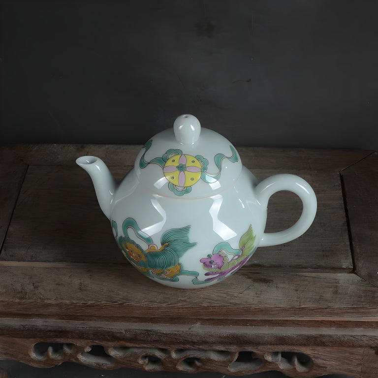 20th Century Chinese Handmade Porcelain Teapot Featuring Lions Playing ...