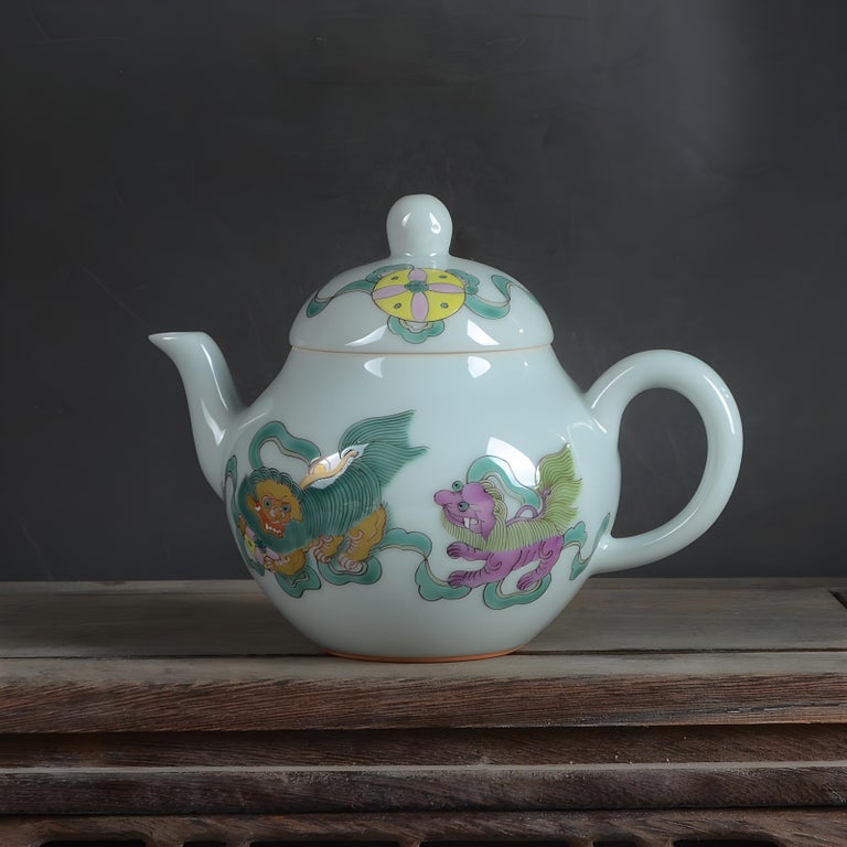20th Century Chinese Handmade Porcelain Teapot Featuring Lions Playing ...