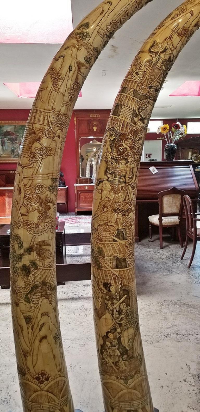 20th Century Chinese Profusely Hand-Carved Faux Elephant Tusks, a Pair ...
