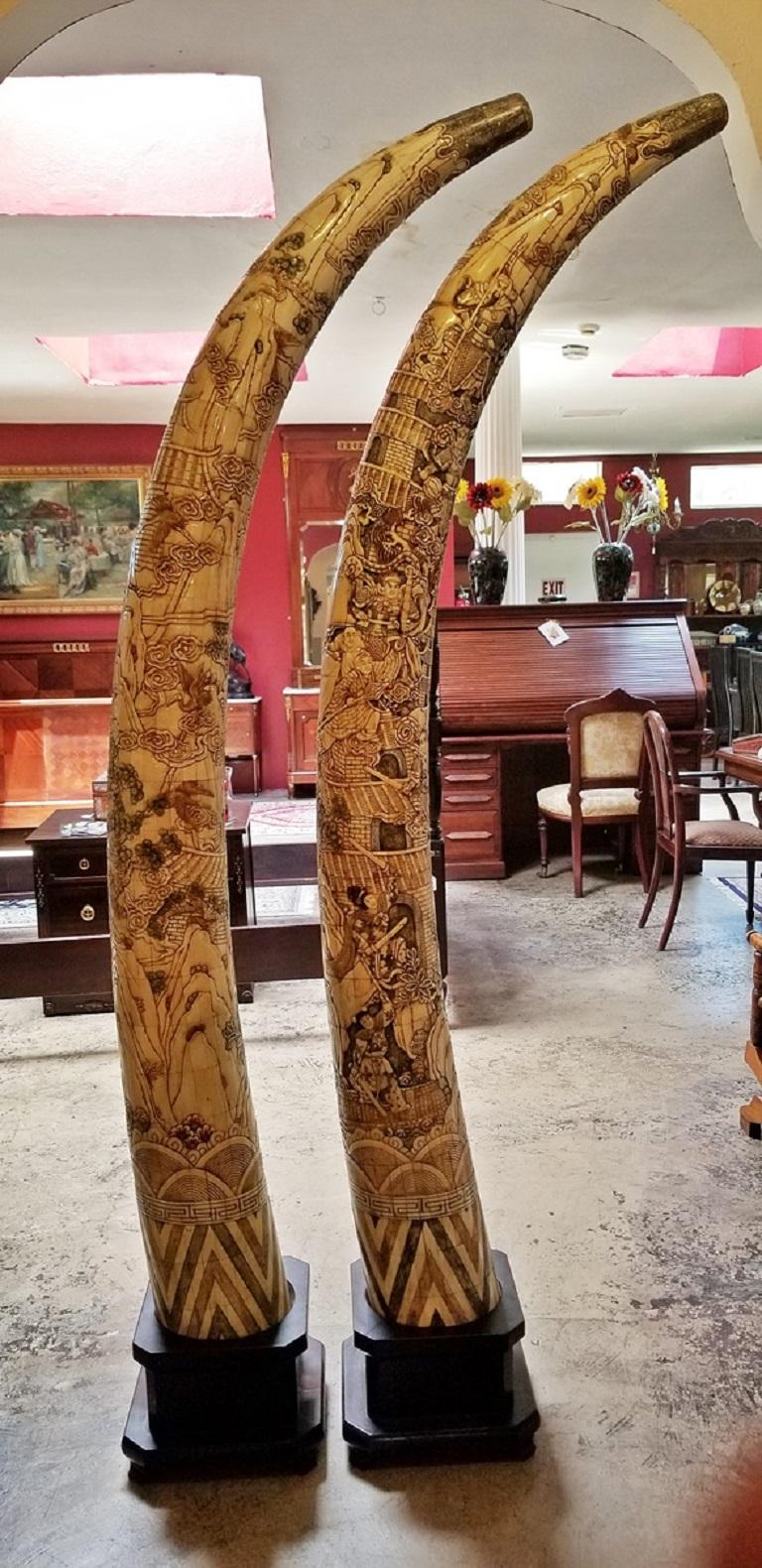 20th Century Chinese Profusely Hand-Carved Faux Elephant Tusks, a Pair ...