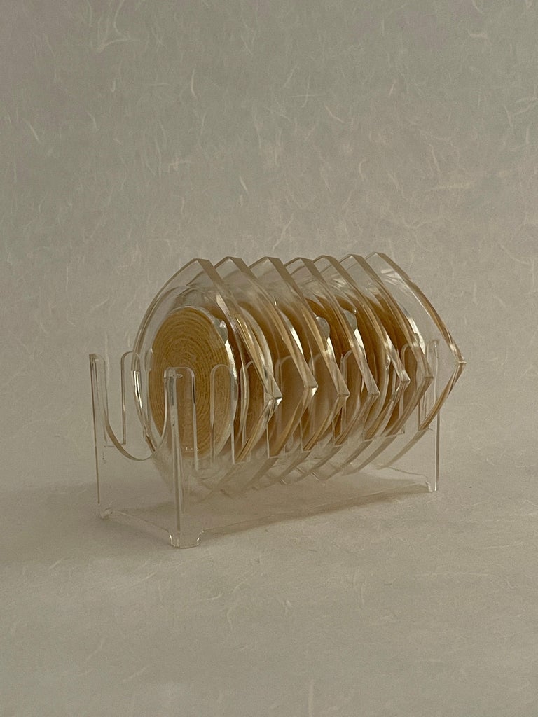 20th Century Clear Acrylic Coasters and Stand For Sale at 1stDibs