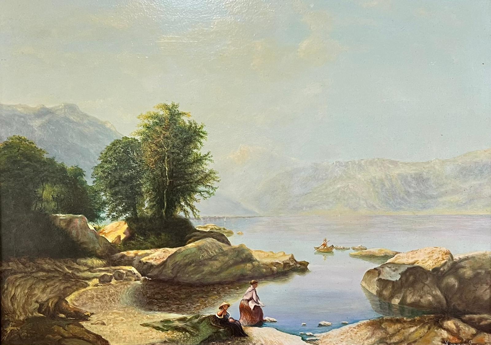 19th CENTURY ENGLISH OIL PAINTING - BATHERS CLASSICAL PORT LANDSCAPE AT ...