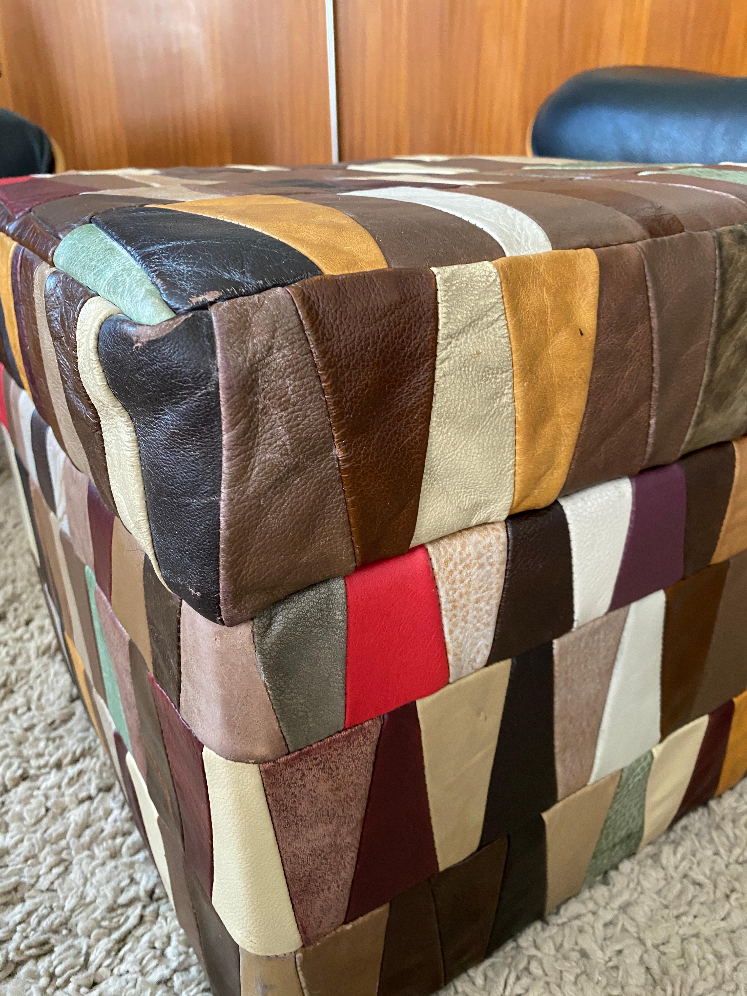 20th Century, De Sede "Arlequin" Patchwork Leather Pouf and Chest, 1970 at 1stDibs