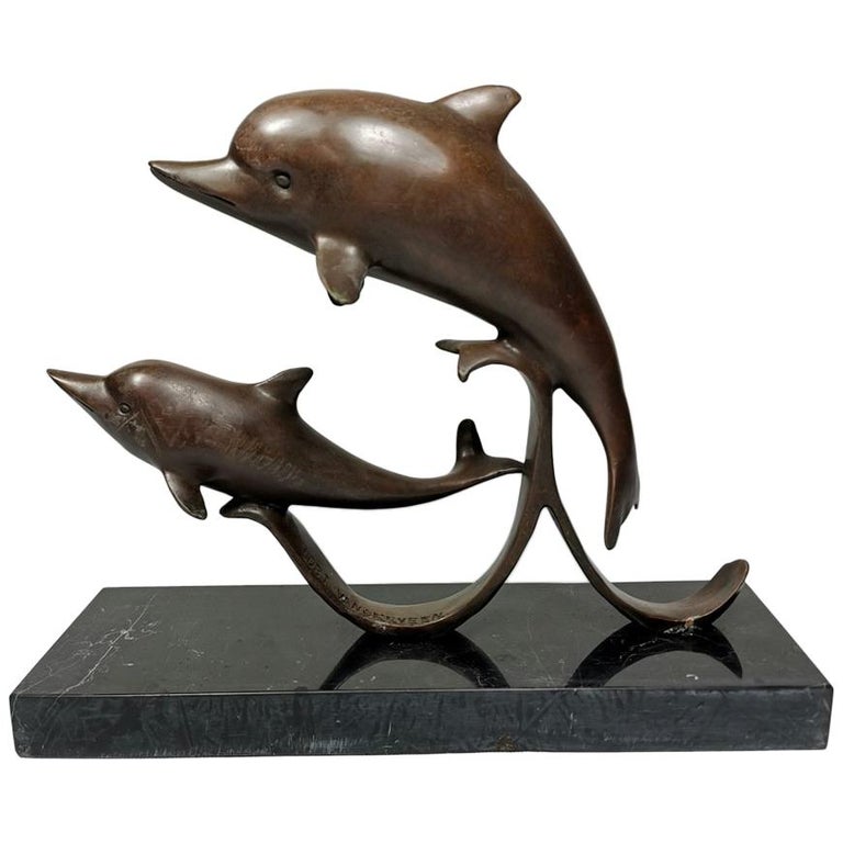 Loet Vanderveen 20th Century Black Marble and Bronze Dutch Dolphins ...