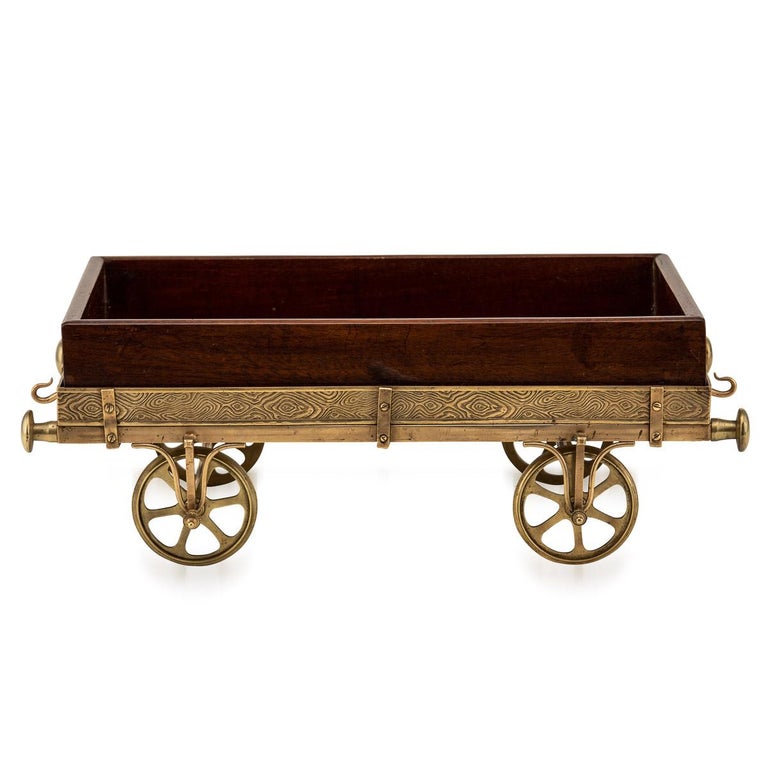 20th Century Edwardian Oak and Brass Railway Coal Wagon Cigar Cart, c ...