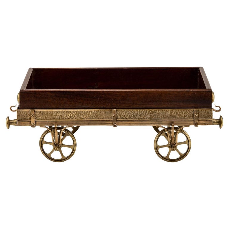 20th Century Edwardian Oak and Brass Railway Coal Wagon Cigar Cart, c ...