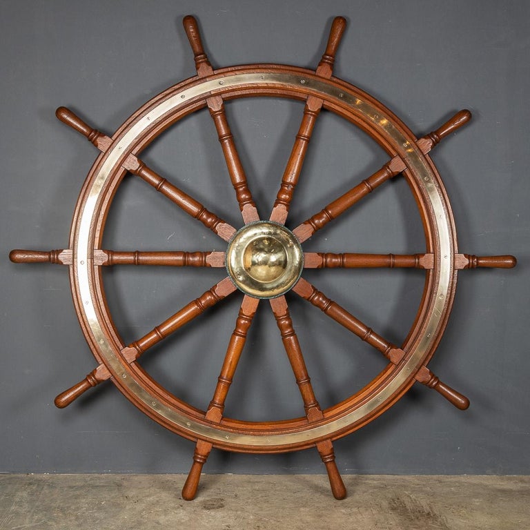 20th Century Edwardian Turned Teak and Brass Ship Wheel, c.1900 For ...