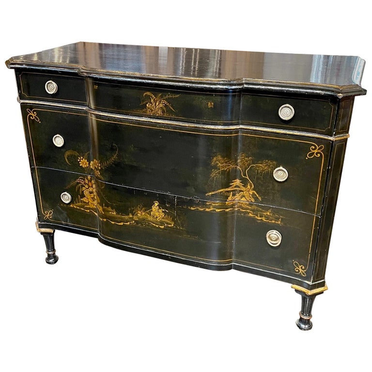 20th Century English Black Lacquered Chinoiserie Commode at 1stDibs
