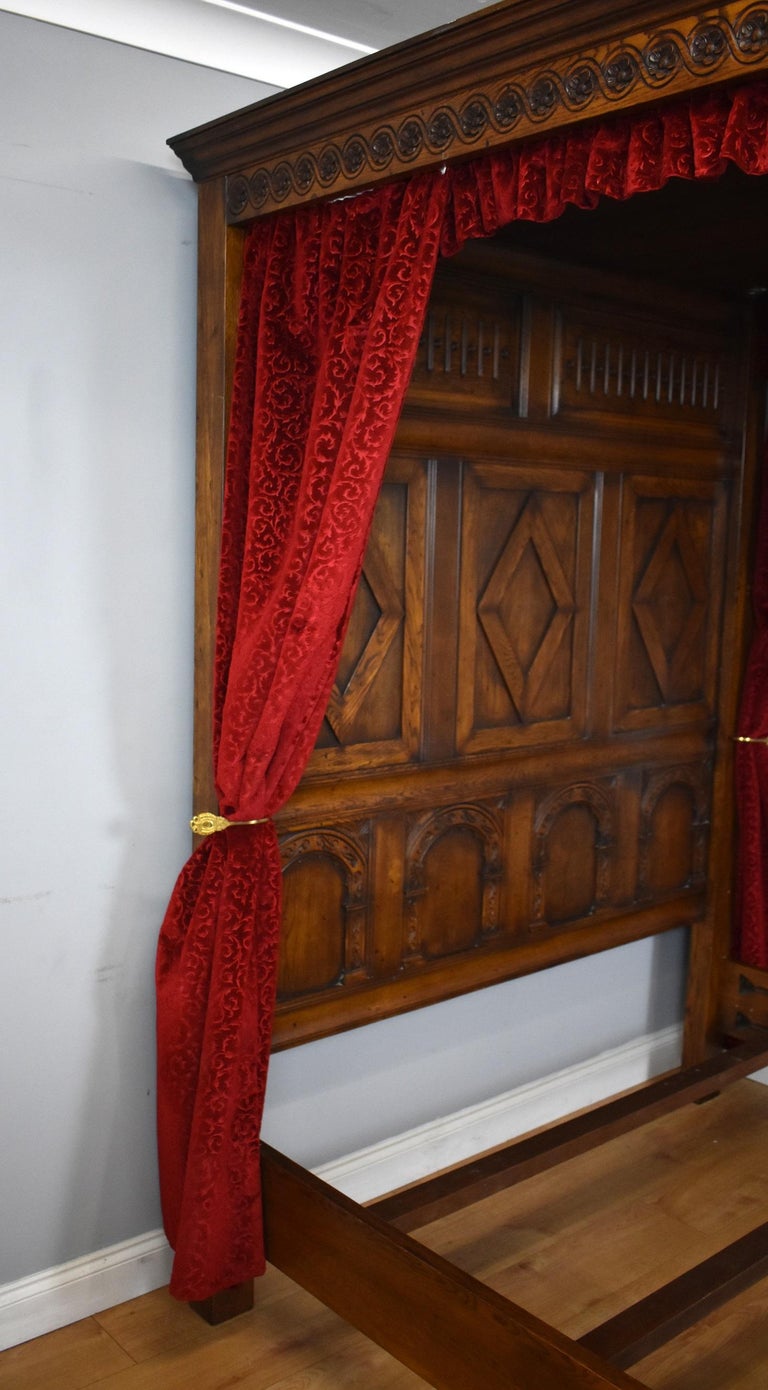 20th Century English Carved Oak Jacobean Style Four Poster Bed at 1stDibs