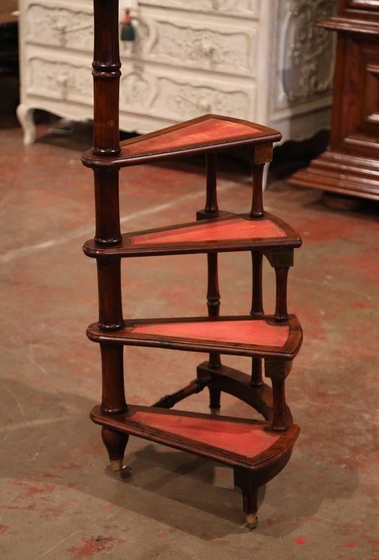 20th Century English Carved Walnut and Leather Spiral Step Library ...