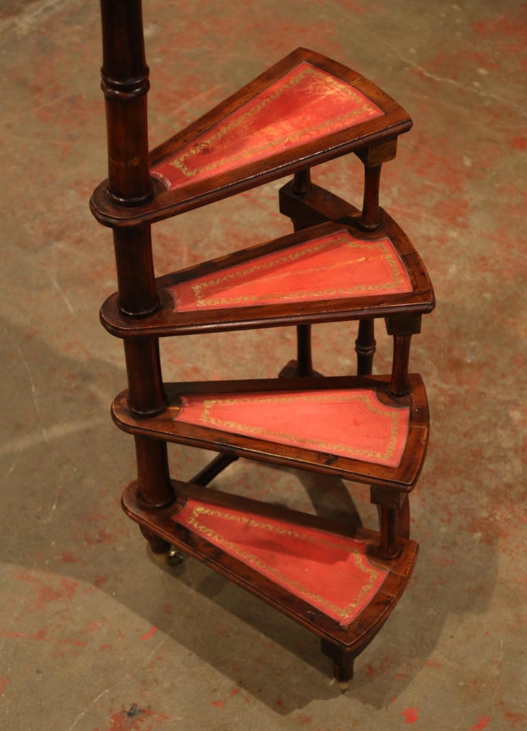 20th Century English Carved Walnut and Leather Spiral Step Library ...