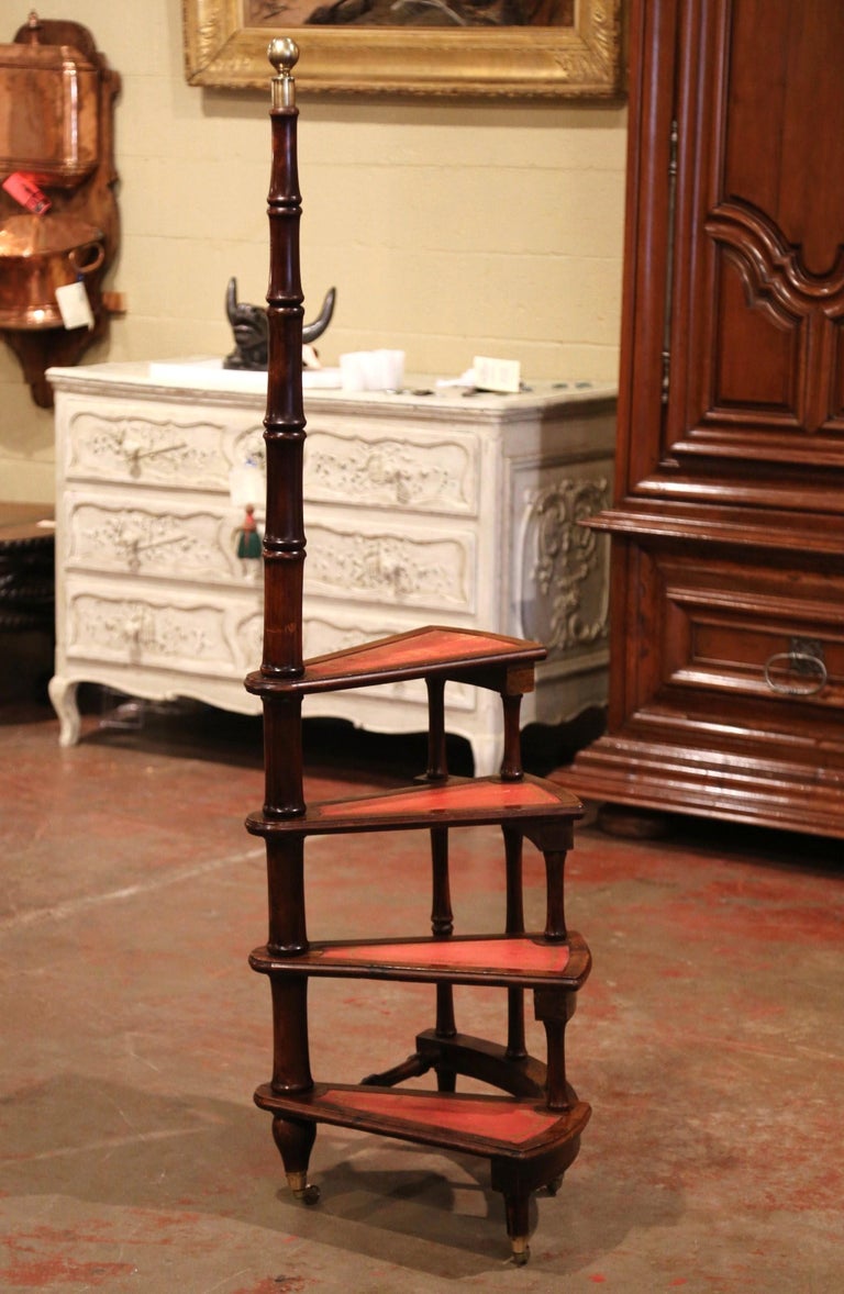 20th Century English Carved Walnut and Leather Spiral Step Library ...