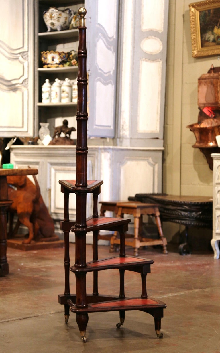 20th Century English Carved Walnut and Leather Spiral Step Library ...