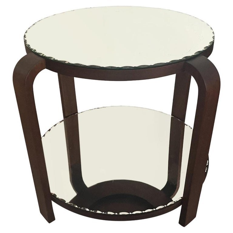20th Century French Art Deco Polished Walnut Side Table, Mirror Glass ...