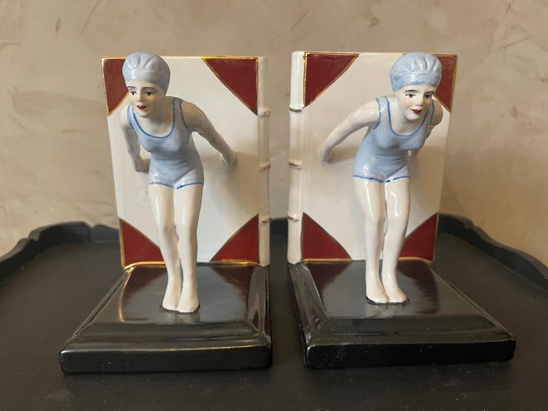 20th Century French Art Deco Style Ceramic Swimmer Women Bookends ...