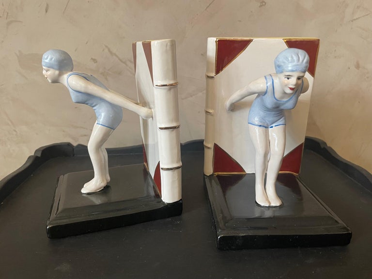20th Century French Art Deco Style Ceramic Swimmer Women Bookends ...