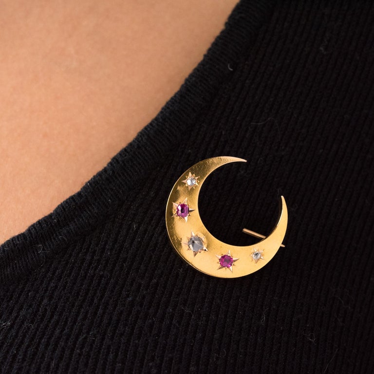 20th Century French Diamonds Ruby 18 Karat Yellow Gold Moon Brooch For ...