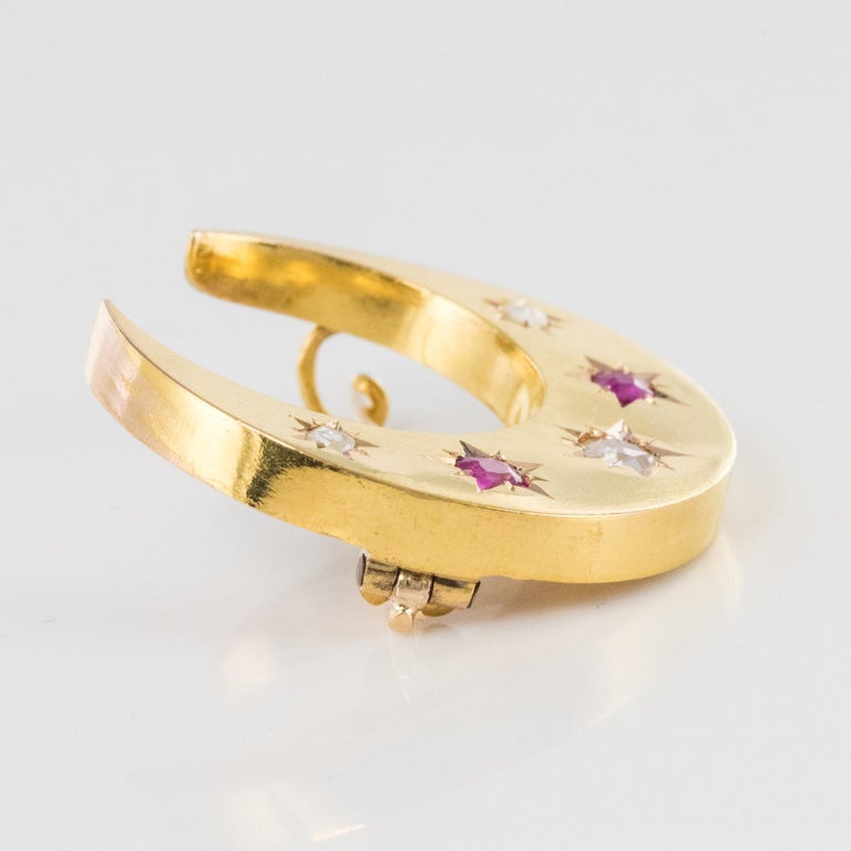 20th Century French Diamonds Ruby 18 Karat Yellow Gold Moon Brooch For ...