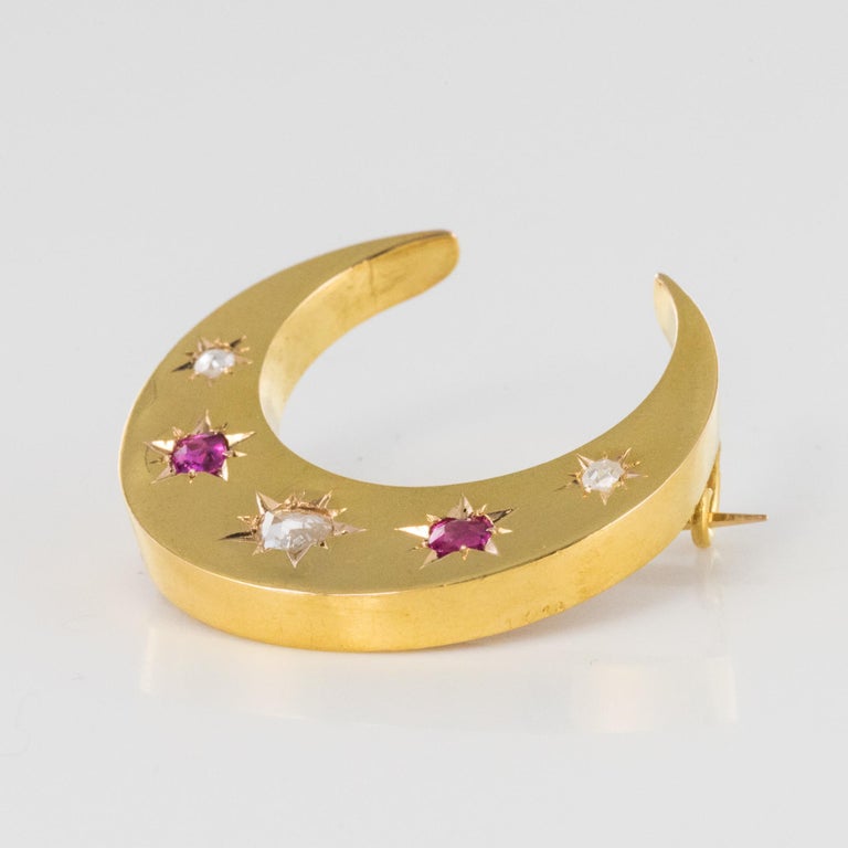 20th Century French Diamonds Ruby 18 Karat Yellow Gold Moon Brooch For ...