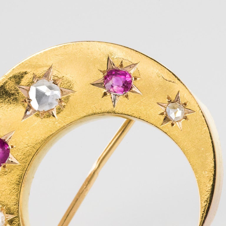 20th Century French Diamonds Ruby 18 Karat Yellow Gold Moon Brooch For ...