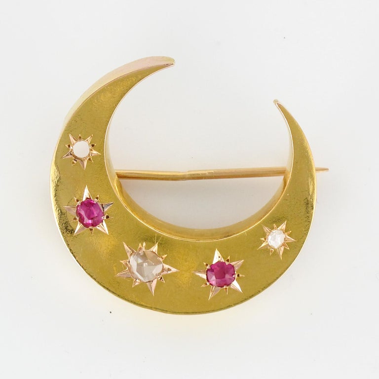 20th Century French Diamonds Ruby 18 Karat Yellow Gold Moon Brooch For ...