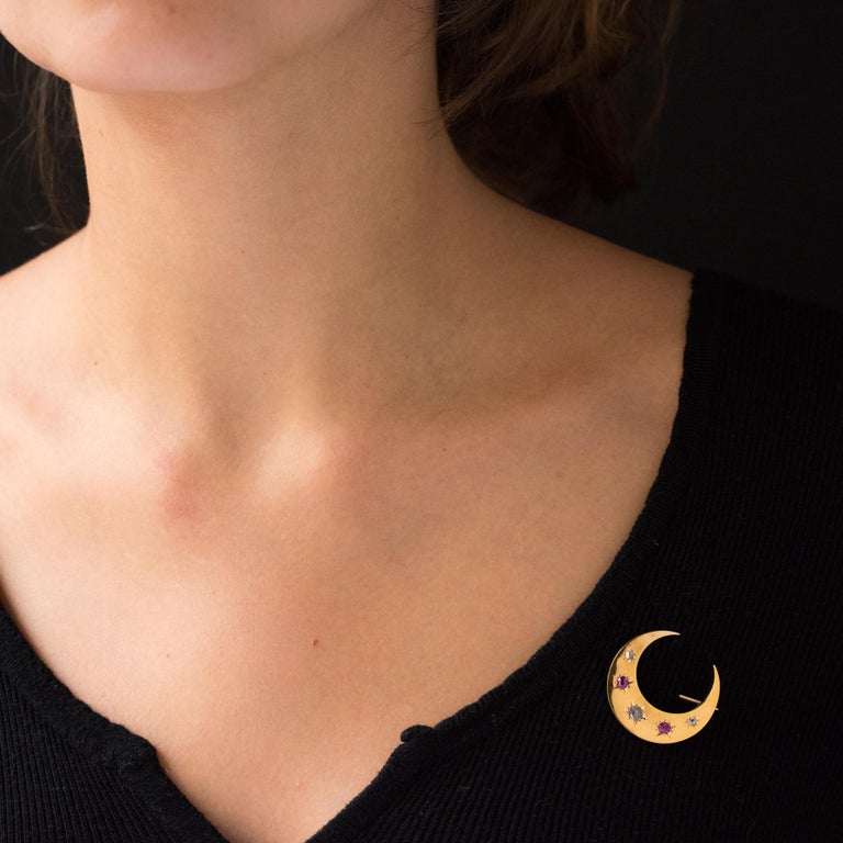 20th Century French Diamonds Ruby 18 Karat Yellow Gold Moon Brooch For ...
