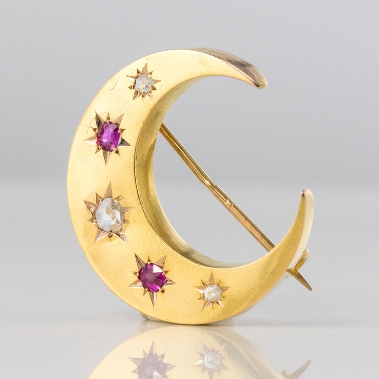 20th Century French Diamonds Ruby 18 Karat Yellow Gold Moon Brooch For ...