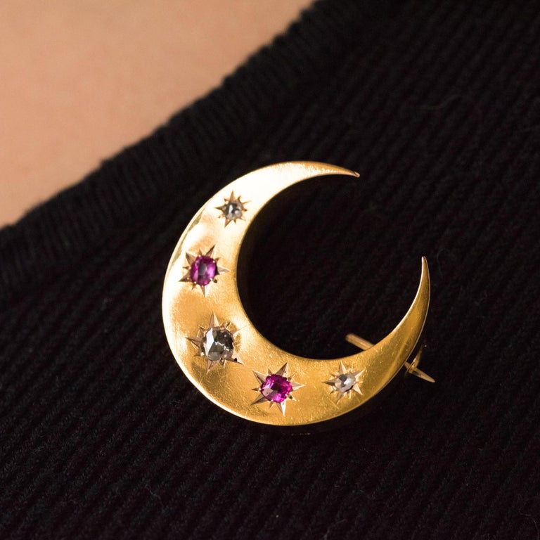 20th Century French Diamonds Ruby 18 Karat Yellow Gold Moon Brooch For ...