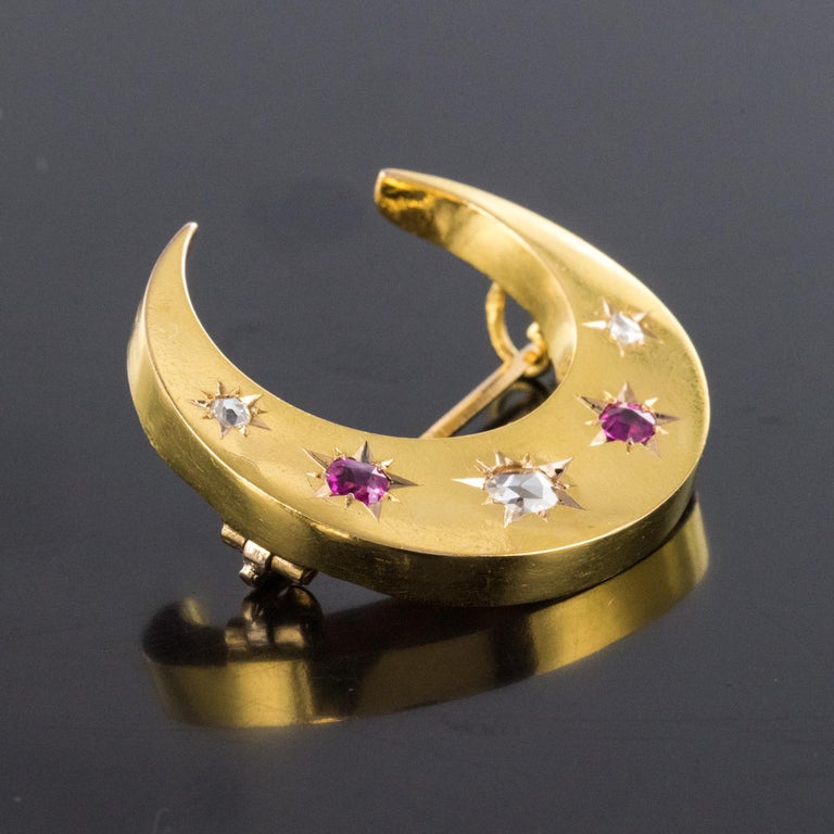 20th Century French Diamonds Ruby 18 Karat Yellow Gold Moon Brooch For ...