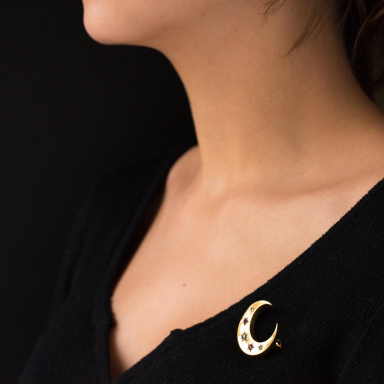 20th Century French Diamonds Ruby 18 Karat Yellow Gold Moon Brooch For ...