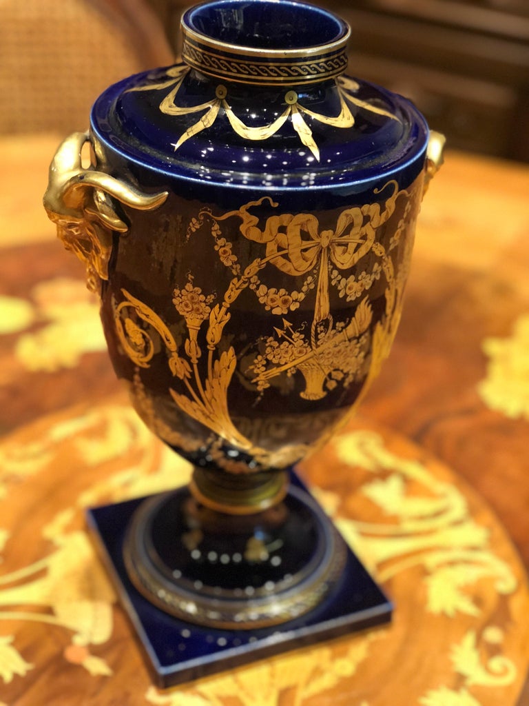20th Century French Empire Blue Urn Vase with Gold Decoration, Jaget ...