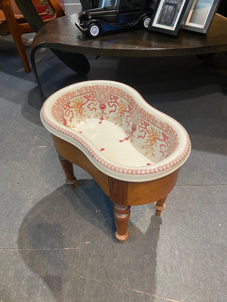 20th Century French Hand Painted Ceramic Bidet on Wooden Hand Carved ...