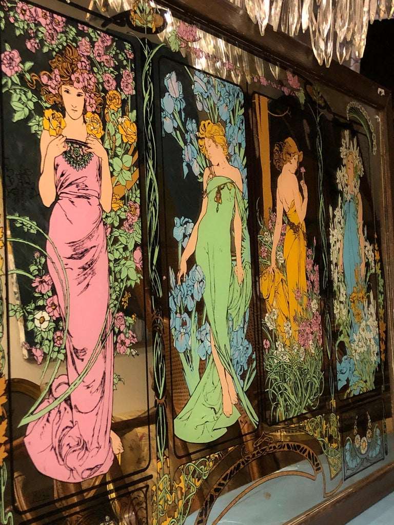 20th Century French Hand Painted Mirror "Four Seasons" in Alpnonse ...