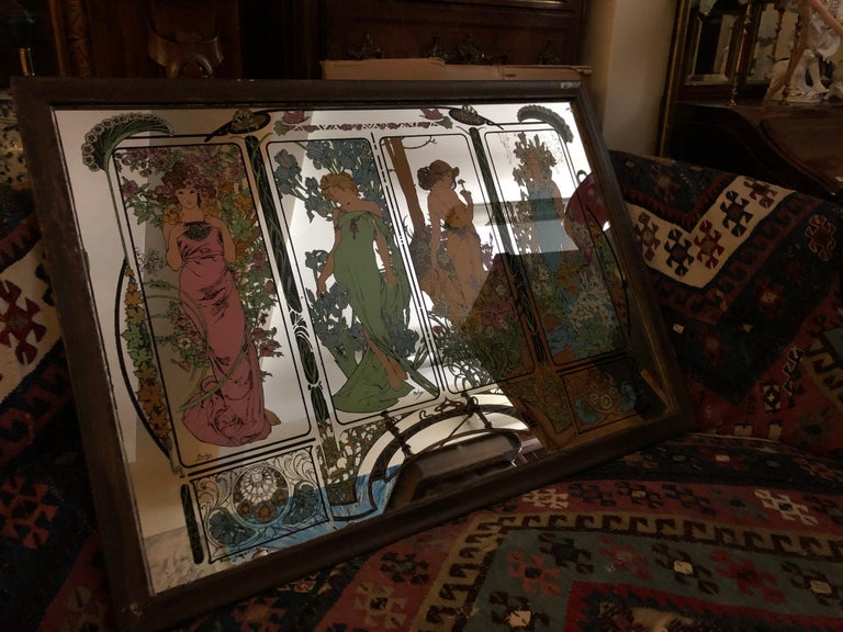 20th Century French Hand Painted Mirror "Four Seasons" in Alpnonse ...