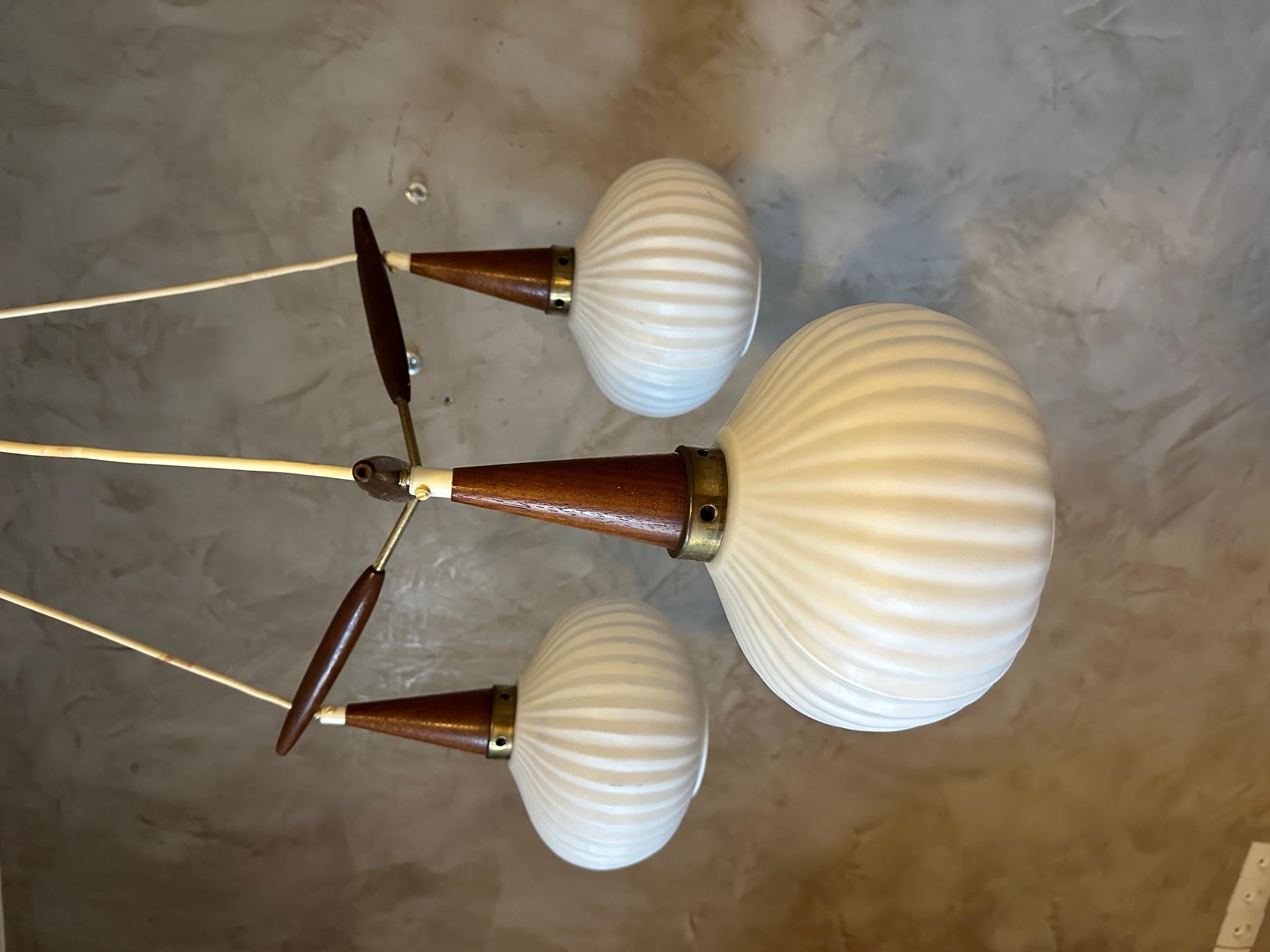 20th century French Jean Rispal Teak and Opaline Chandelier, 1960s at ...