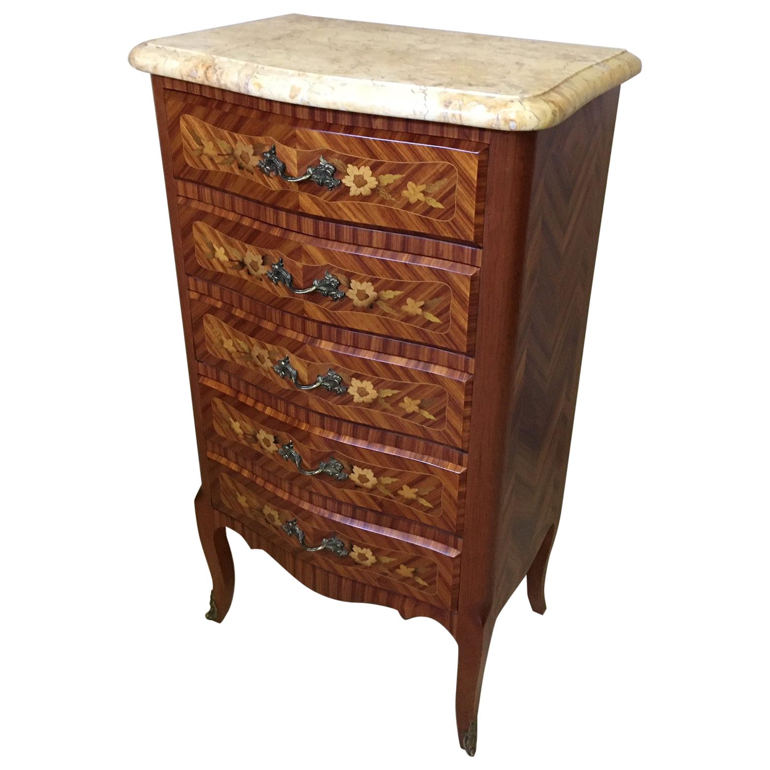 20th century French Louis XV Style Marquetry and Marble Chest of drawers For Sale at 1stDibs