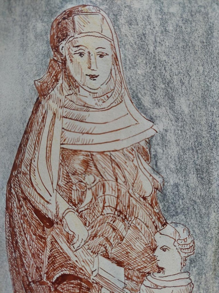 20th Century French Modernist Cubist Ink Sketch, Religious Statue For ...