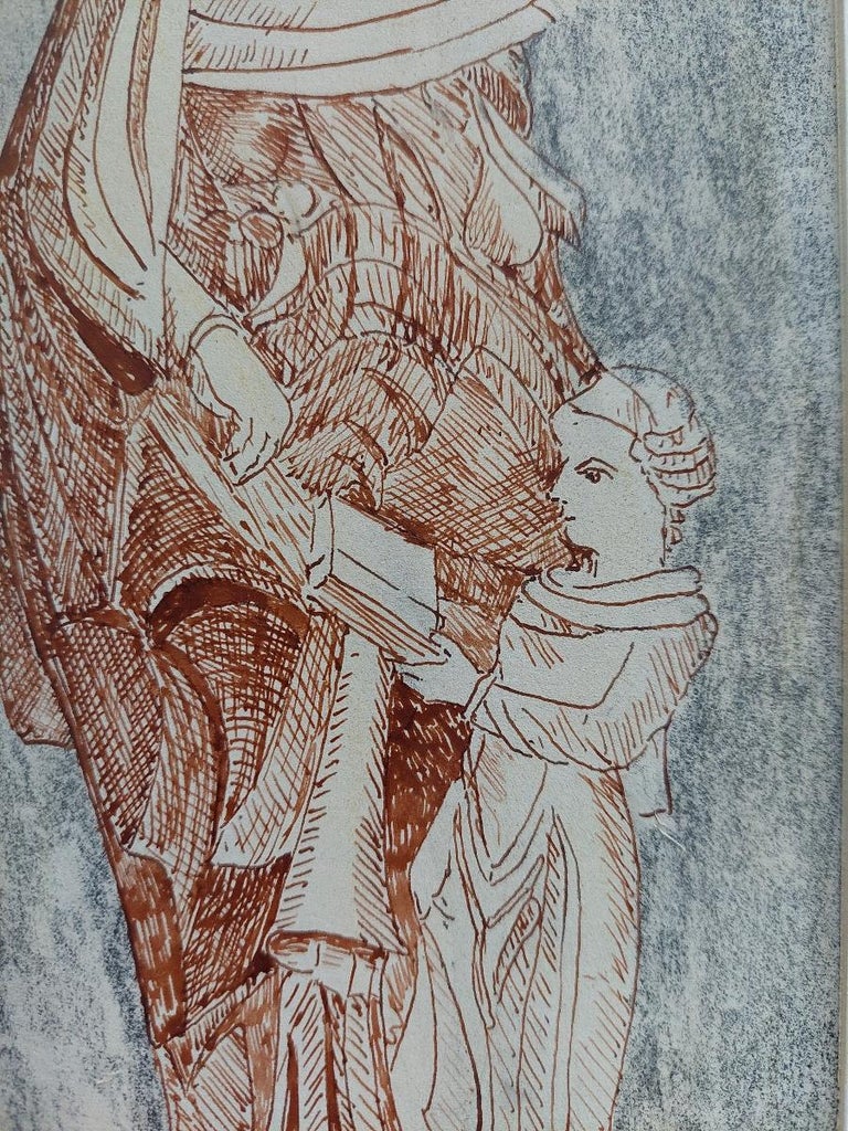 20th Century French Modernist Cubist Ink Sketch, Religious Statue For ...