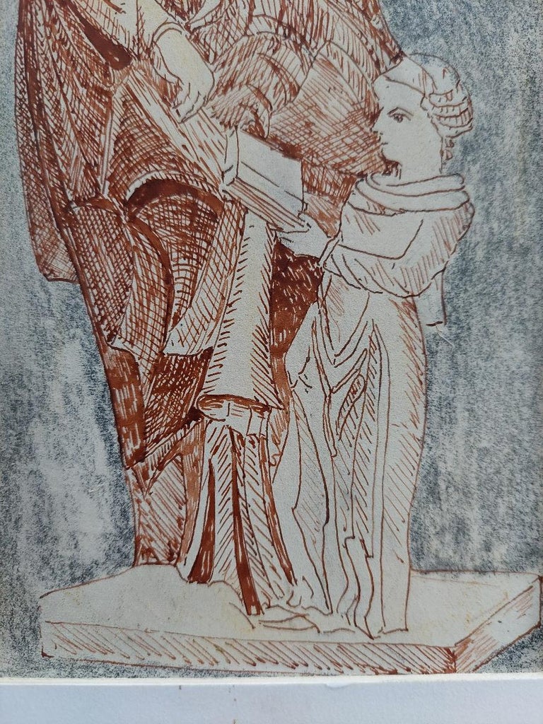 20th Century French Modernist Cubist Ink Sketch, Religious Statue For ...