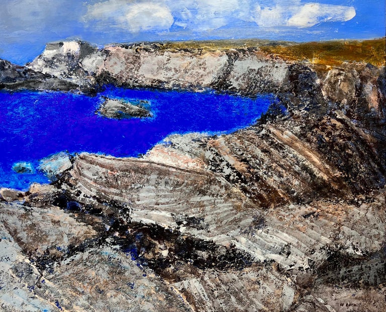 20th Century French - Large Modern French Abstract Seascape Landscape Blue Seas Rocky Coast ...