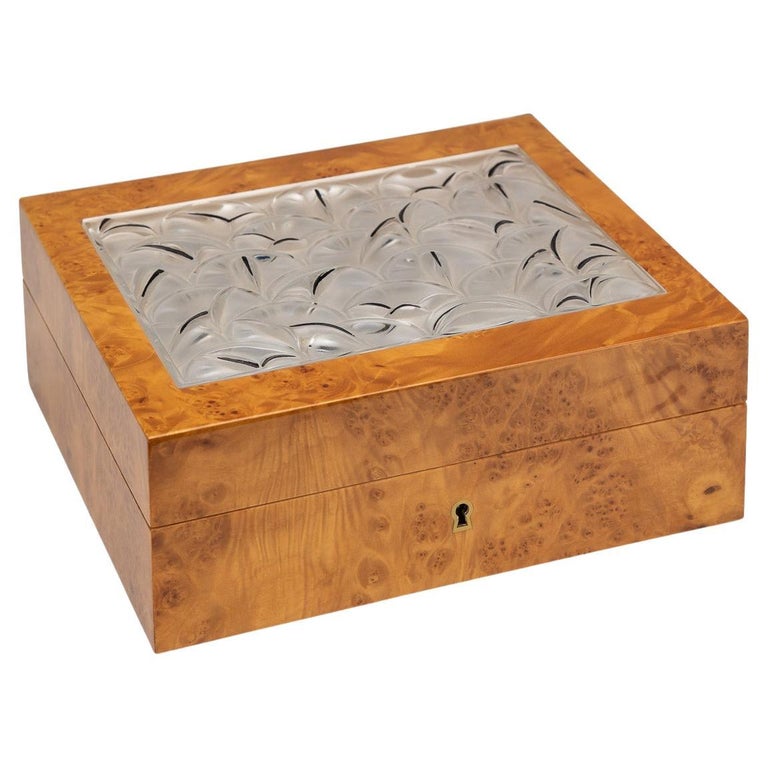 20th Century French Rene' Lalique Burr Walnut and Glass Cigar Box, C ...