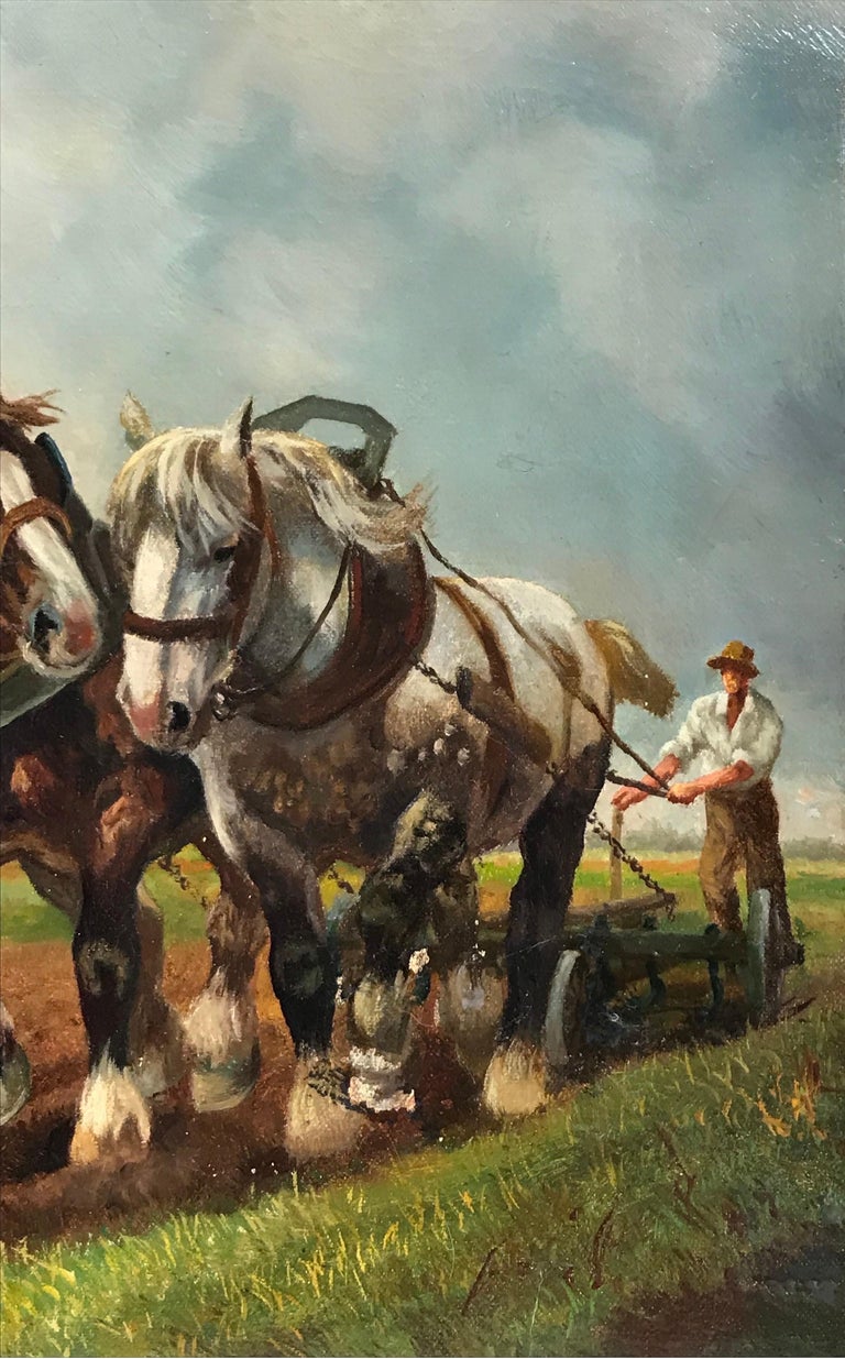 20th Century French School - The Plough Team, Signed European Oil Man with Plough Horses in ...