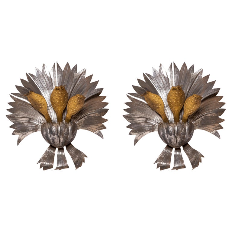 20th Century French Set or Four Iron and Gilt Metal Lotus Shape Wall ...