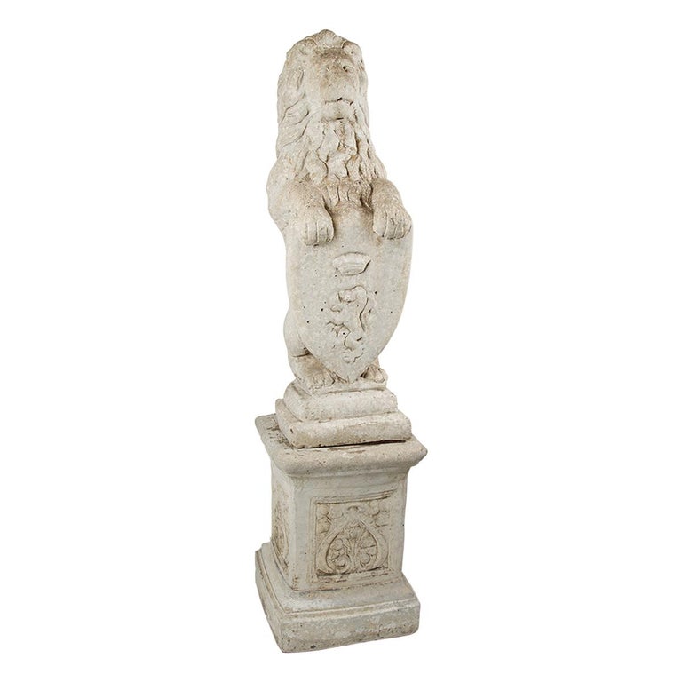 20th Century French Stone Lion with Shield on Pedestal For Sale at 1stDibs