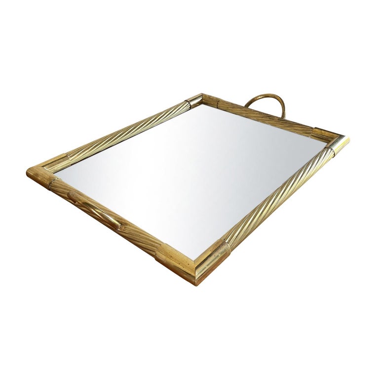 20th Century Gold Italian Brass Mirror Serving Tray - Vintage Table ...