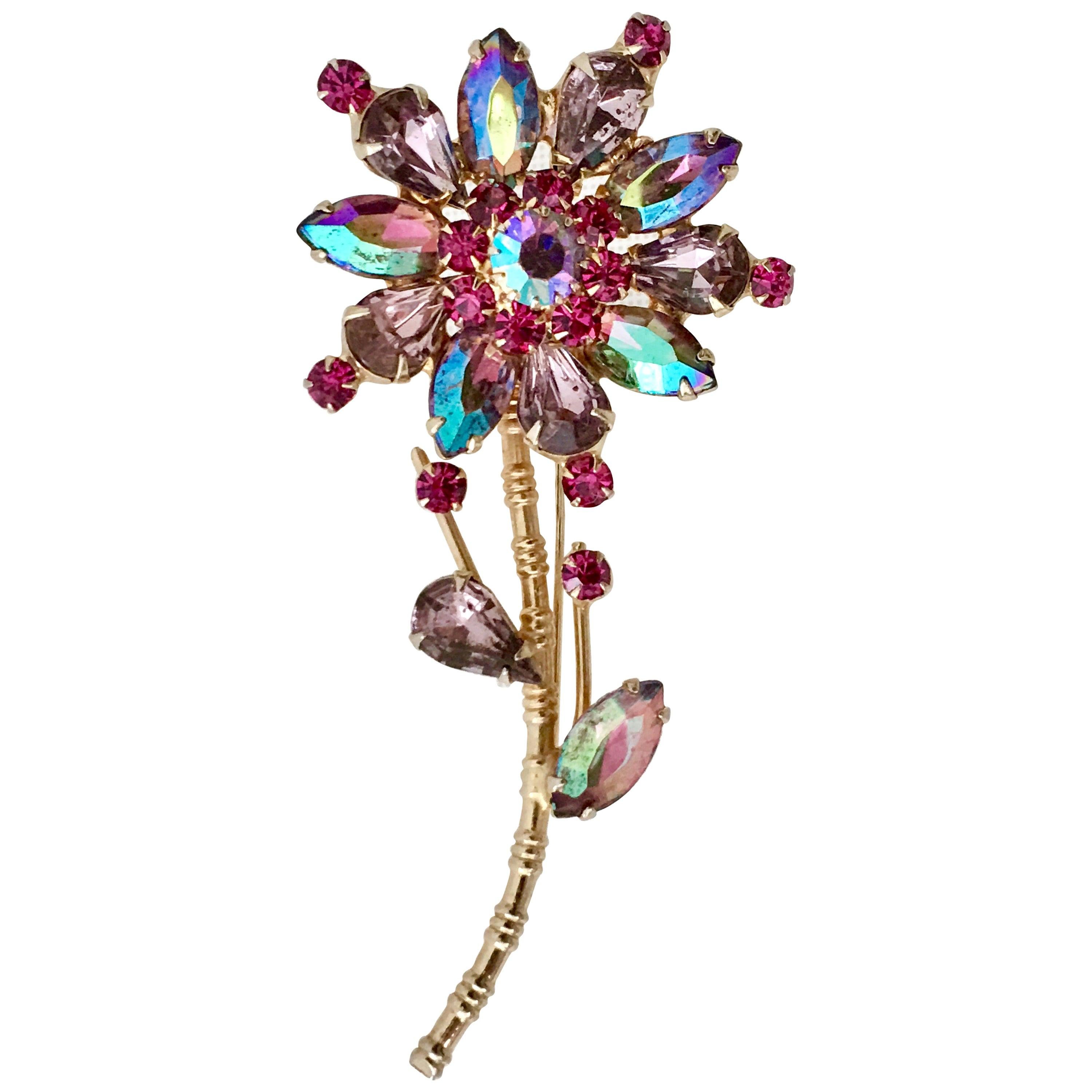 20th Century Gold Plate and Austrian Crystal Flower Brooch For Sale at ...