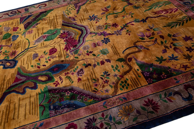 20th Century Handmade Floral Chinese Art Deco Wool Rug with Golden ...
