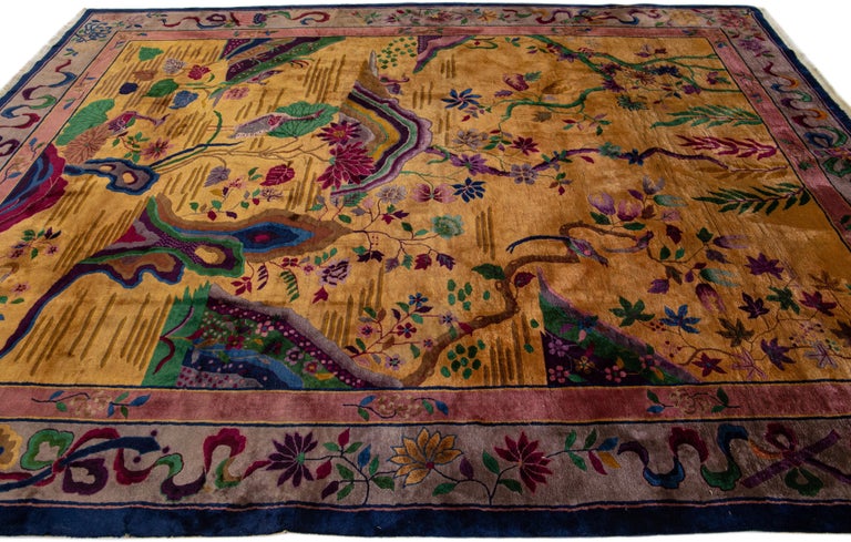 20th Century Handmade Floral Chinese Art Deco Wool Rug with Golden ...